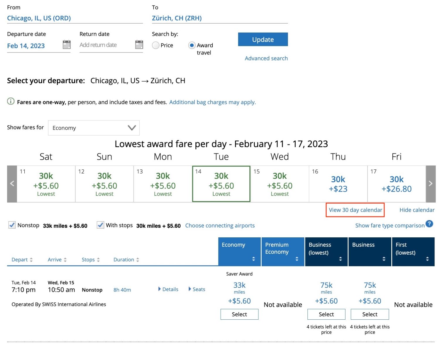 United Flexible Date Award Search: Old Calendar View