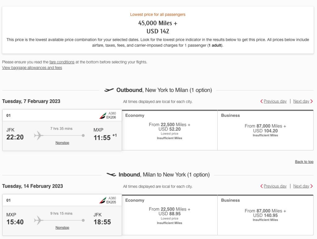 Emirates Hikes Award Rates on U.S. Flights to Europe