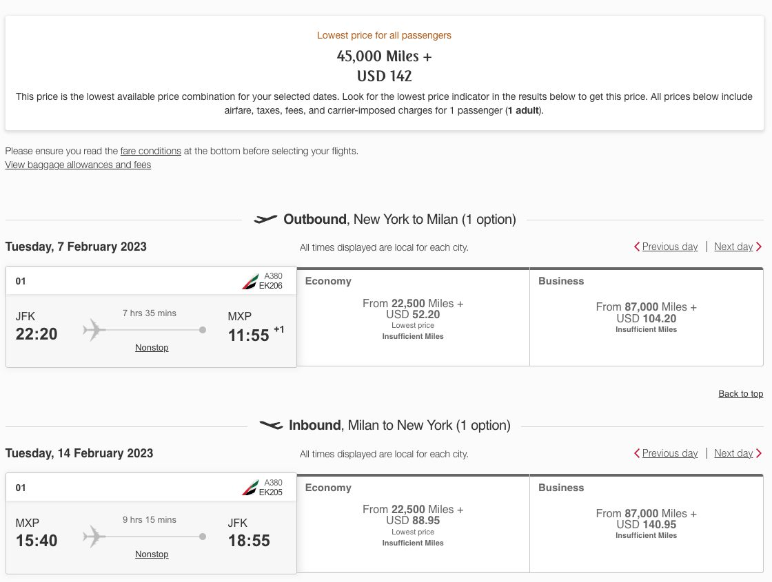 Emirates Hikes Award Rates on U.S. Flights to Europe
