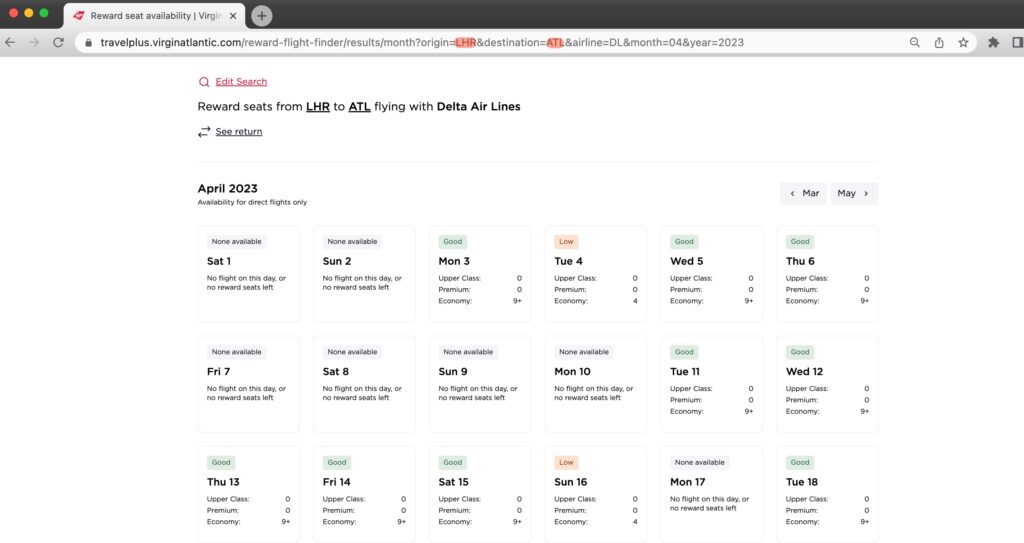 Virgin Atlantic Launches Great 'Reward Seat Checker' for Using Points